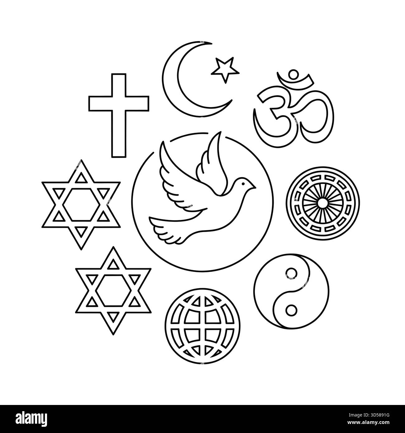 Black and white line art illustration of major world religion symbols ...