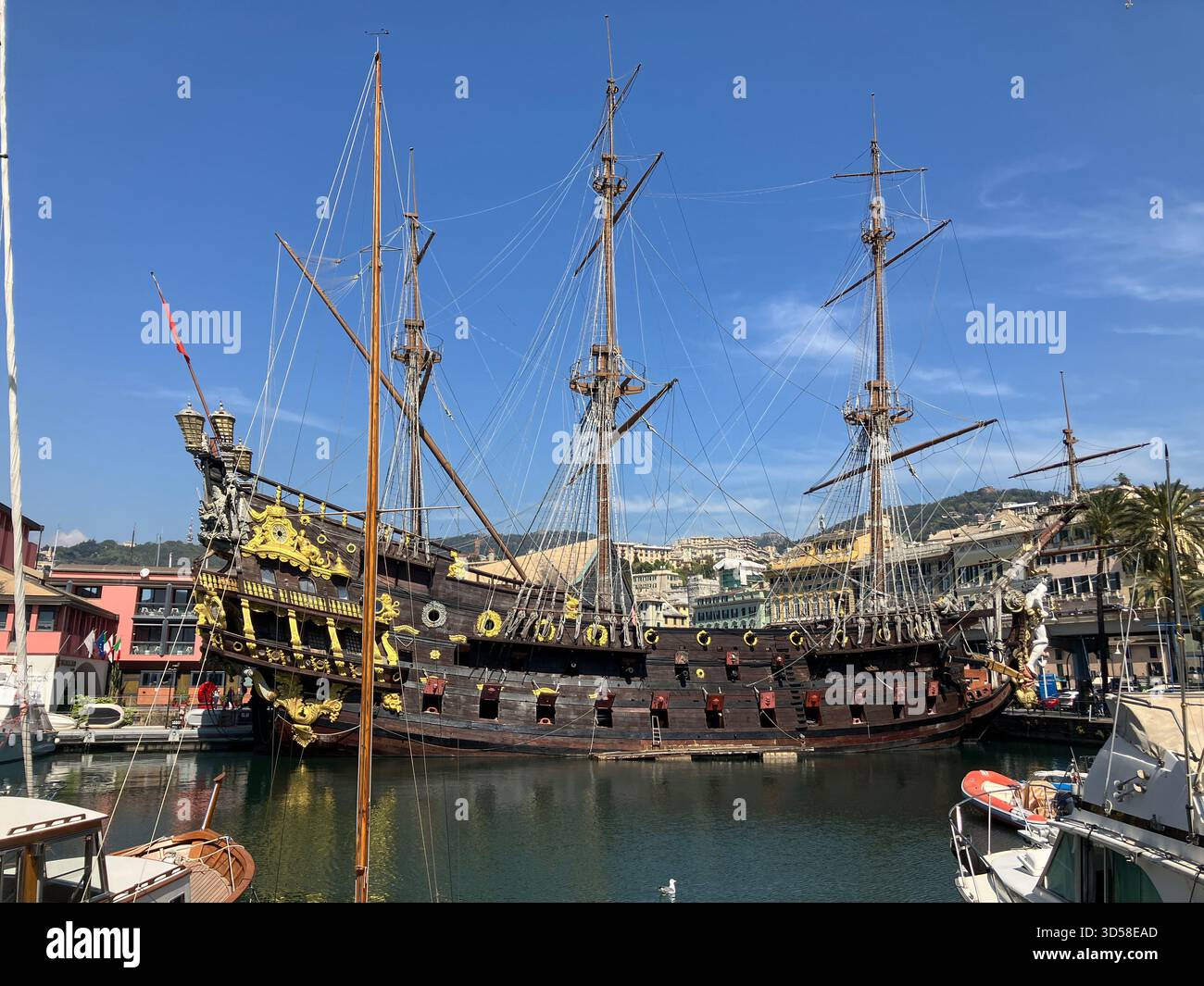 Italy. Genoa. Side view of The Vascello Neptune replica galleon in ...