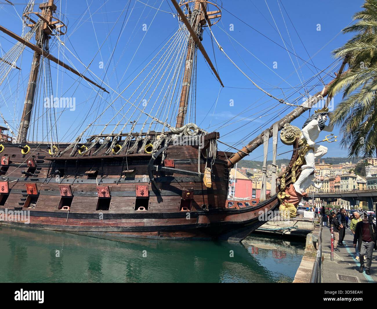 Italy. Genoa. Side view bow of The Vascello Neptune replica galleon in ...