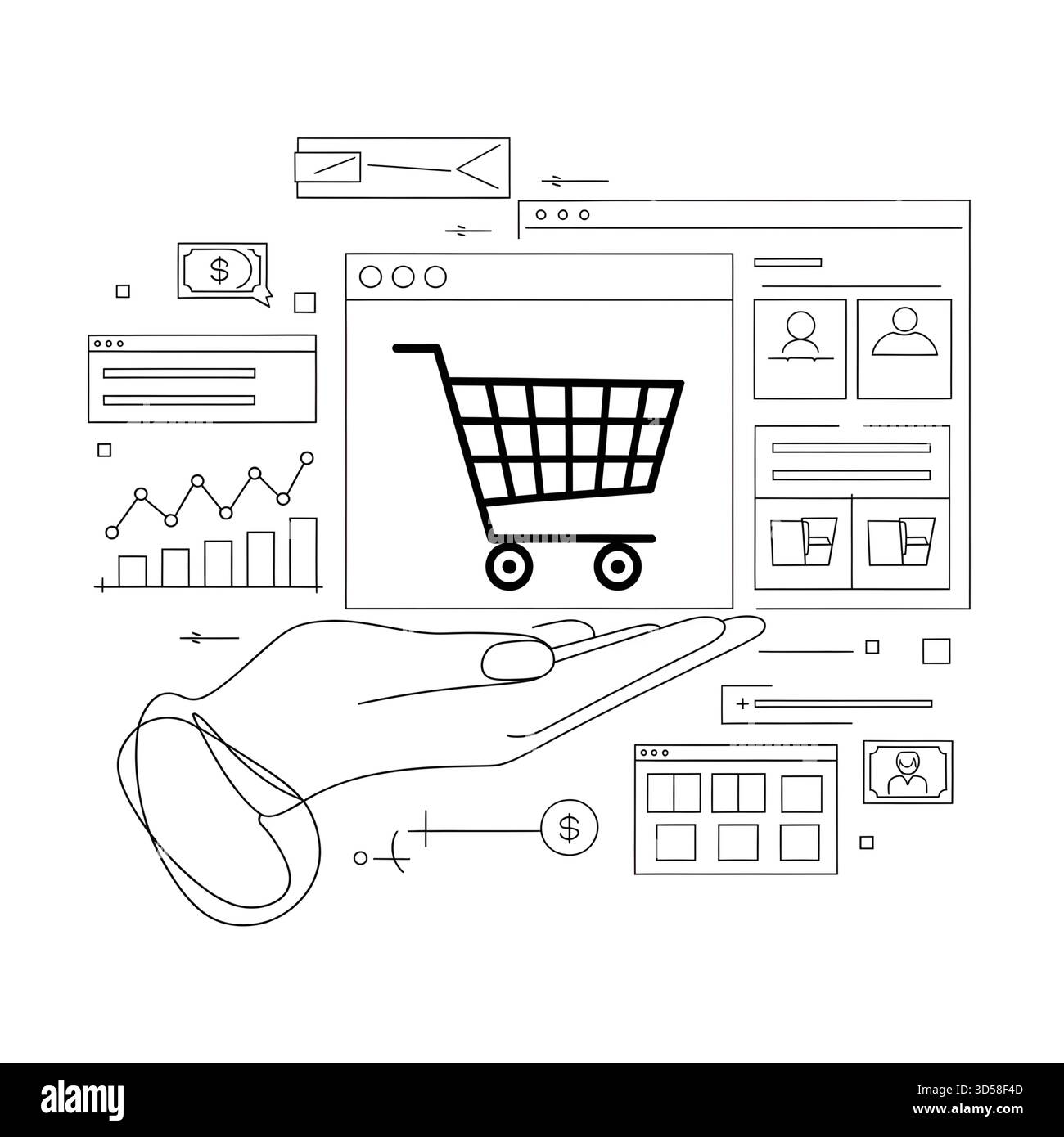 The central image is a shopping cart icon within a web browser ...