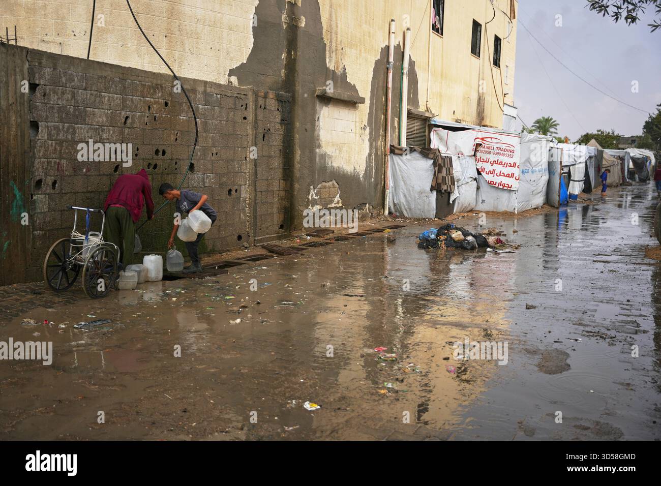 Young Palestinians fill jerrycans with water after rainfall at a ...