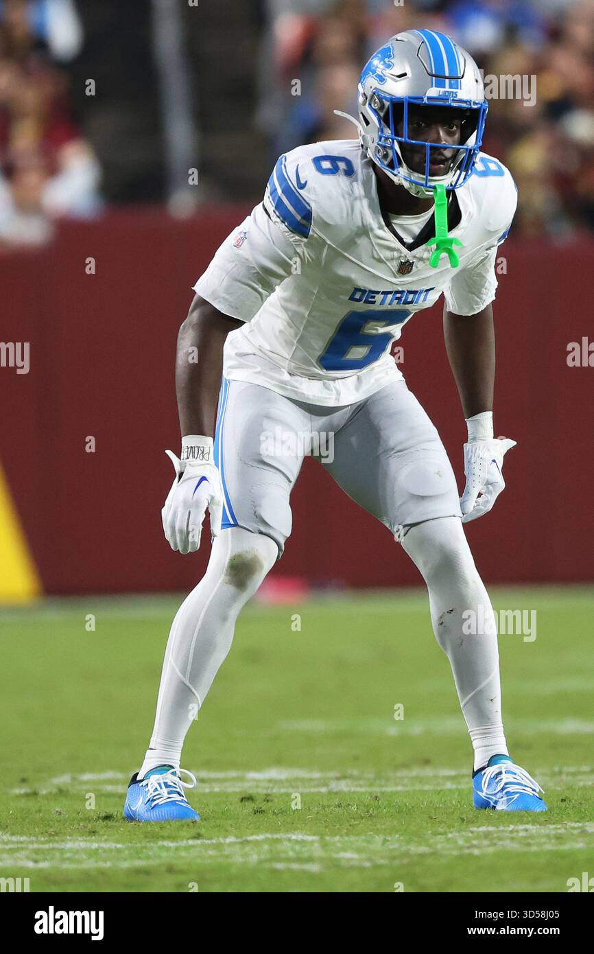 Detroit Lions cornerback Terrion Arnold (6) lines up for play during an ...