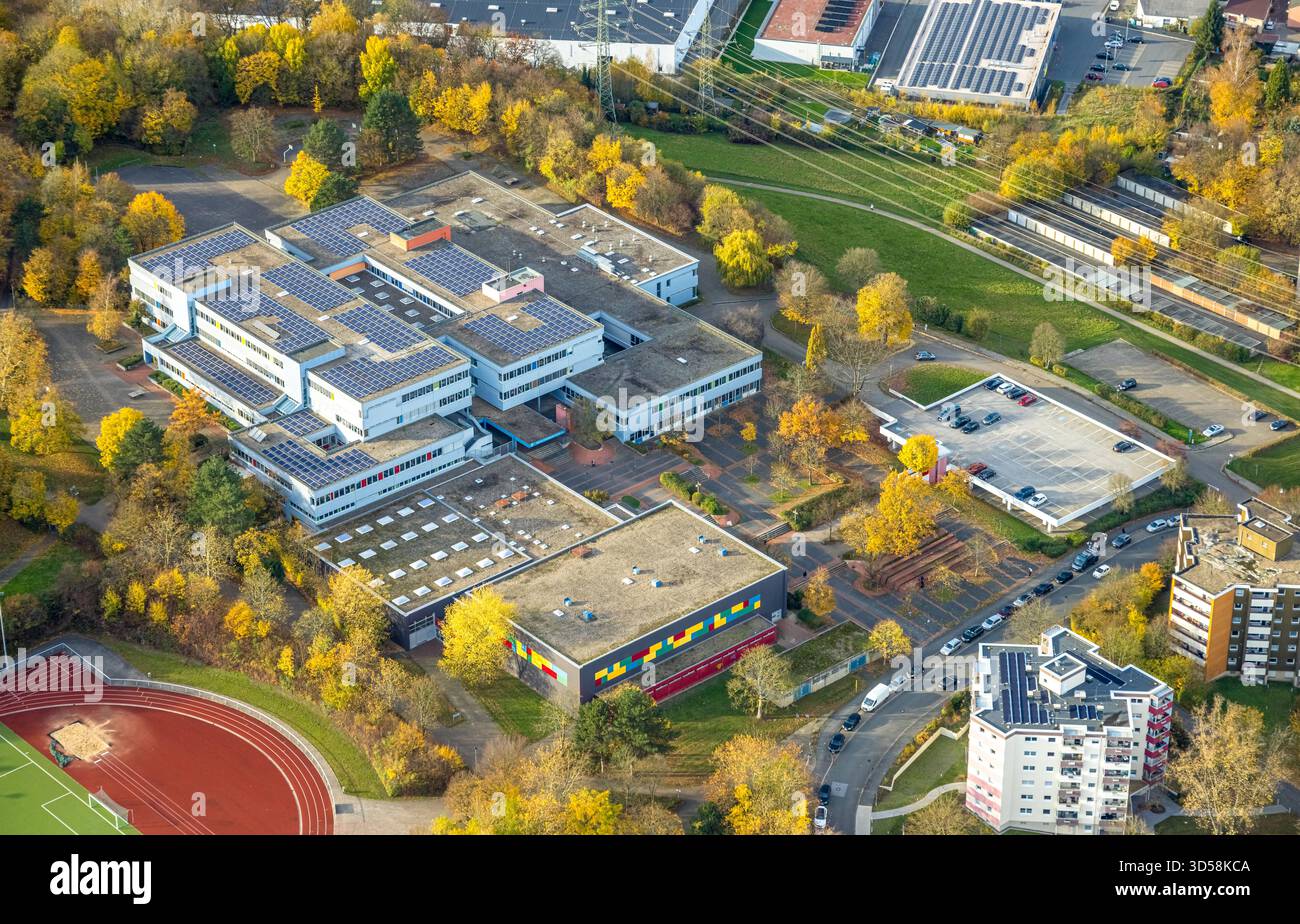 Luftbild, Fritz-Steinhoff-Gesamtschule mit Solardach, herbstliche Bäume ...
