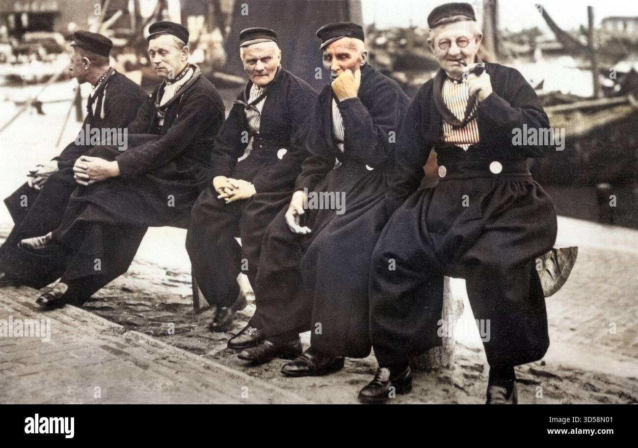 Five Dutch men in traditional uniforms, possibly sailors, circa 1900s ...