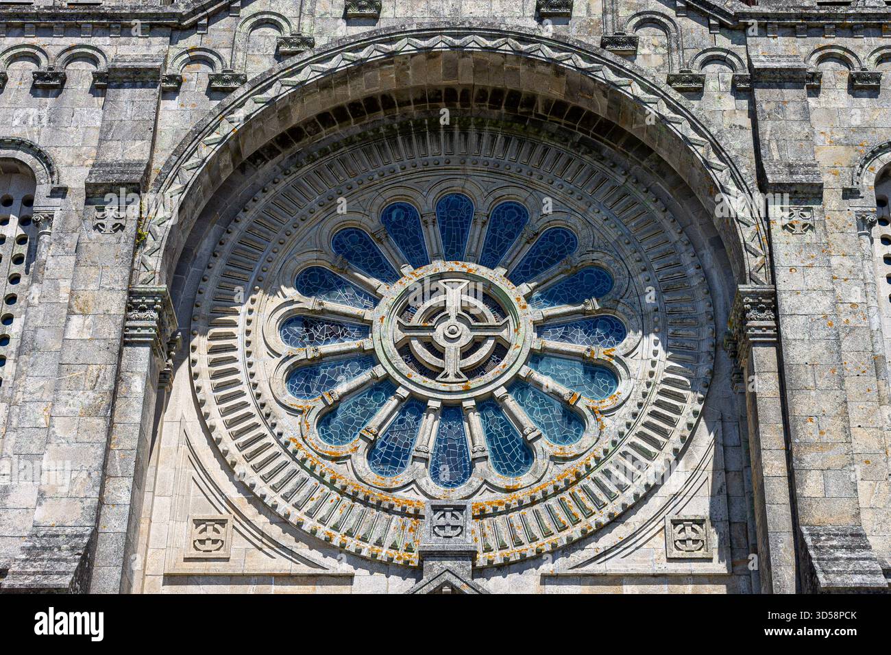 Viana do Castelo, Portugal. Close view of the main facade rose window ...