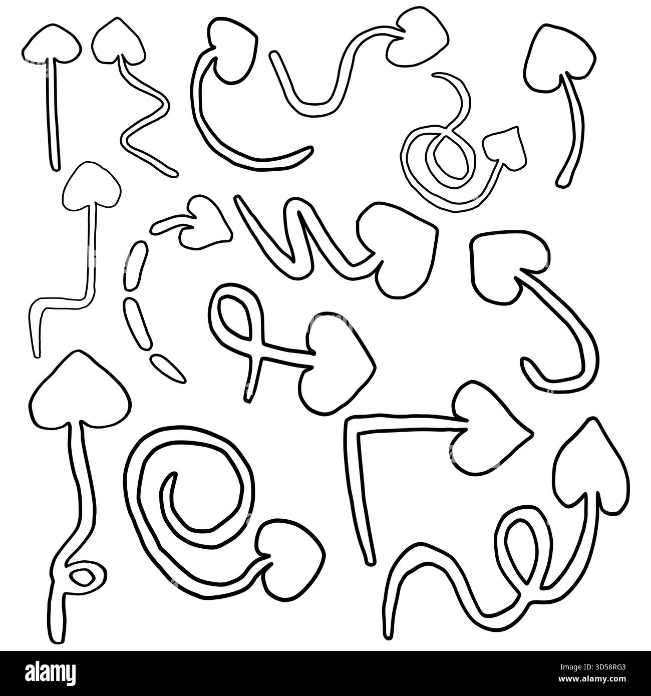 A whimsical collection of hand-drawn vector arrows with varied curves ...