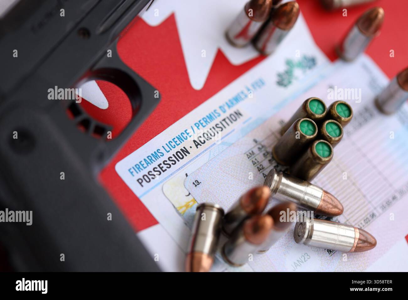 Canadian firearms license and handgun with bullets on Canadian flag ...