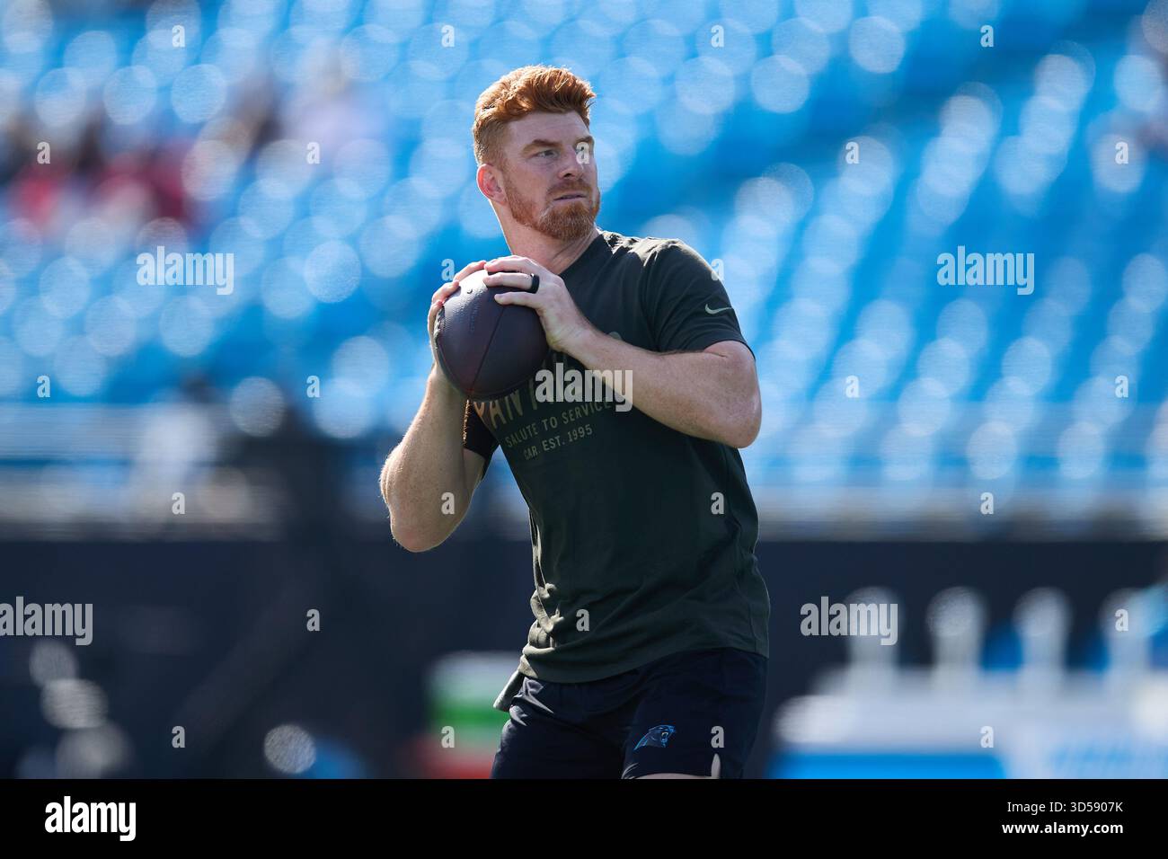 Carolina Panthers quarterback Andy Dalton (14) warms up prior to an NFL ...