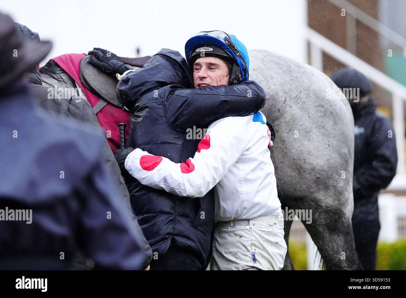 Jockey Harry Skelton celebrates after winning the Shloer Chase during ...