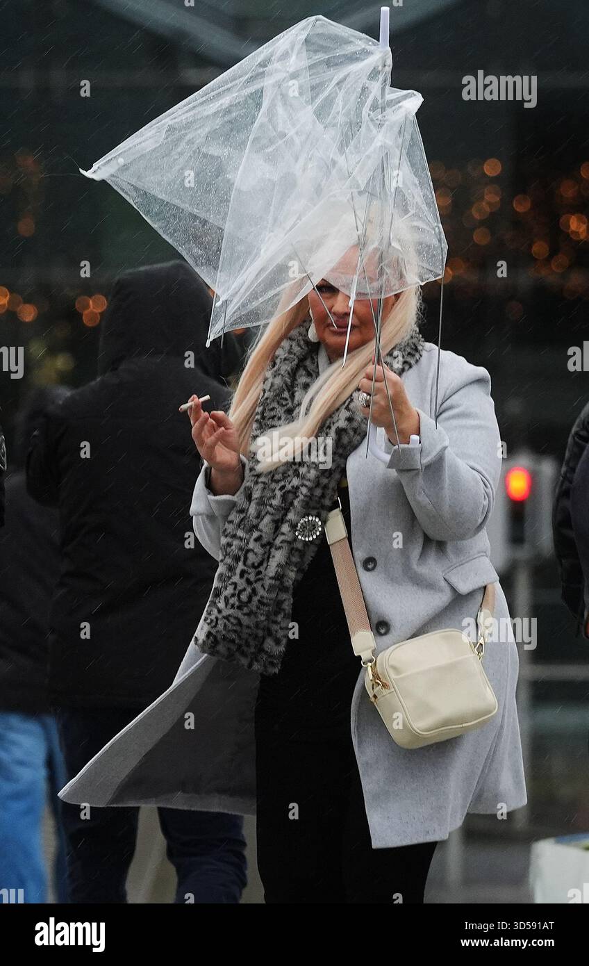 A person holding an umbrella crosses the Sean O'Casey bridge a wet and ...