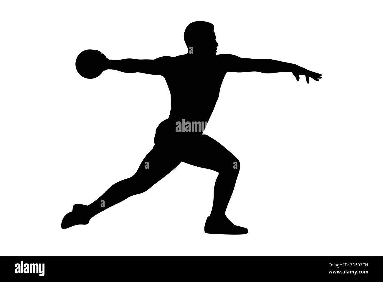 A black silhouette of a male athlete in mid-throw, releasing a discus ...
