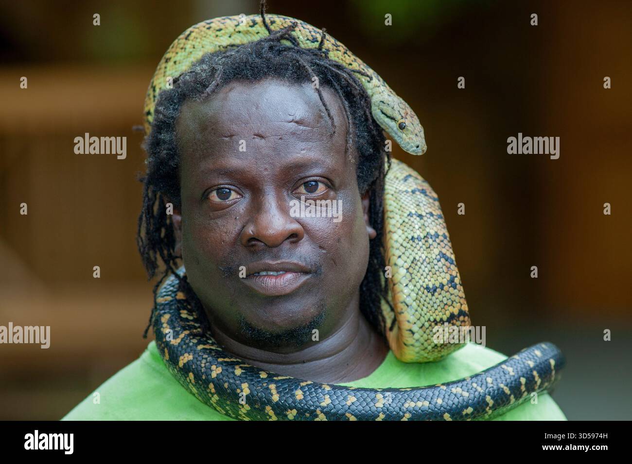 Jamaica, a snake keeper at the Swamp Safari zoo shows a Jamaican boa or ...