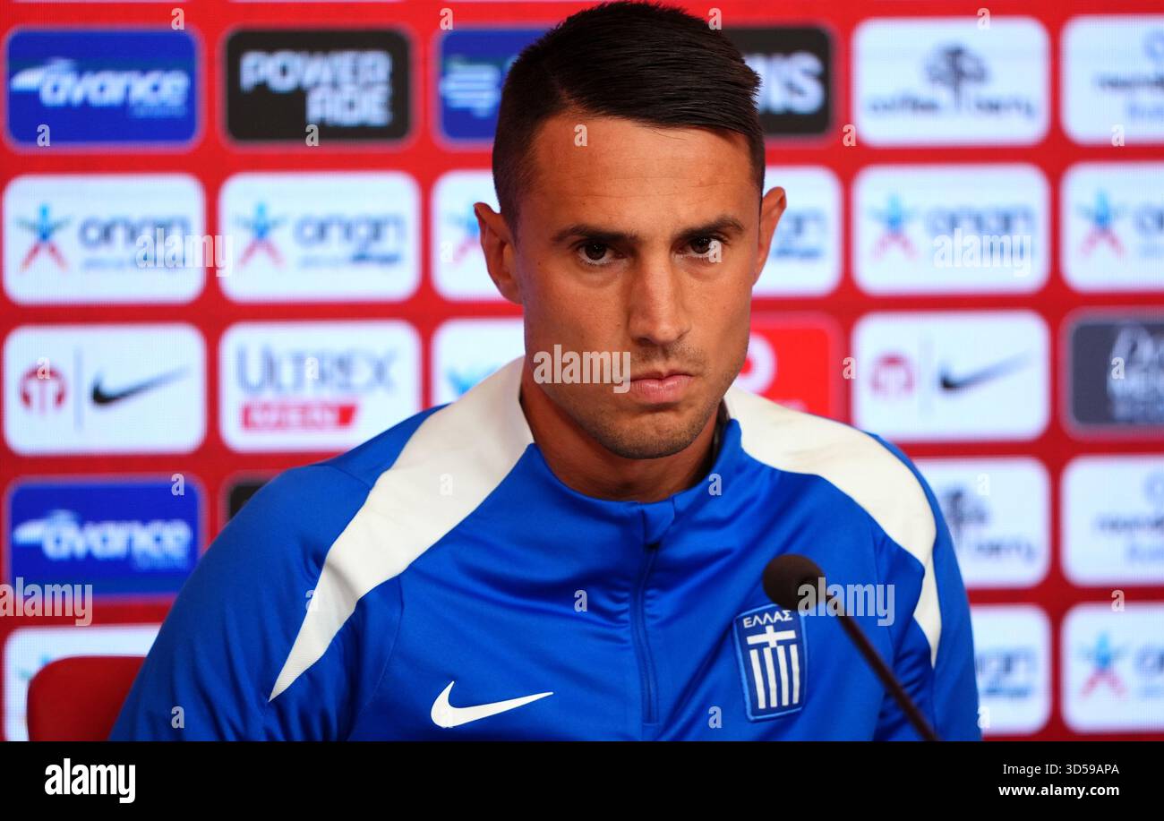 Greece goalkeeper Odysseas Vlachodimos during a press conference at the ...