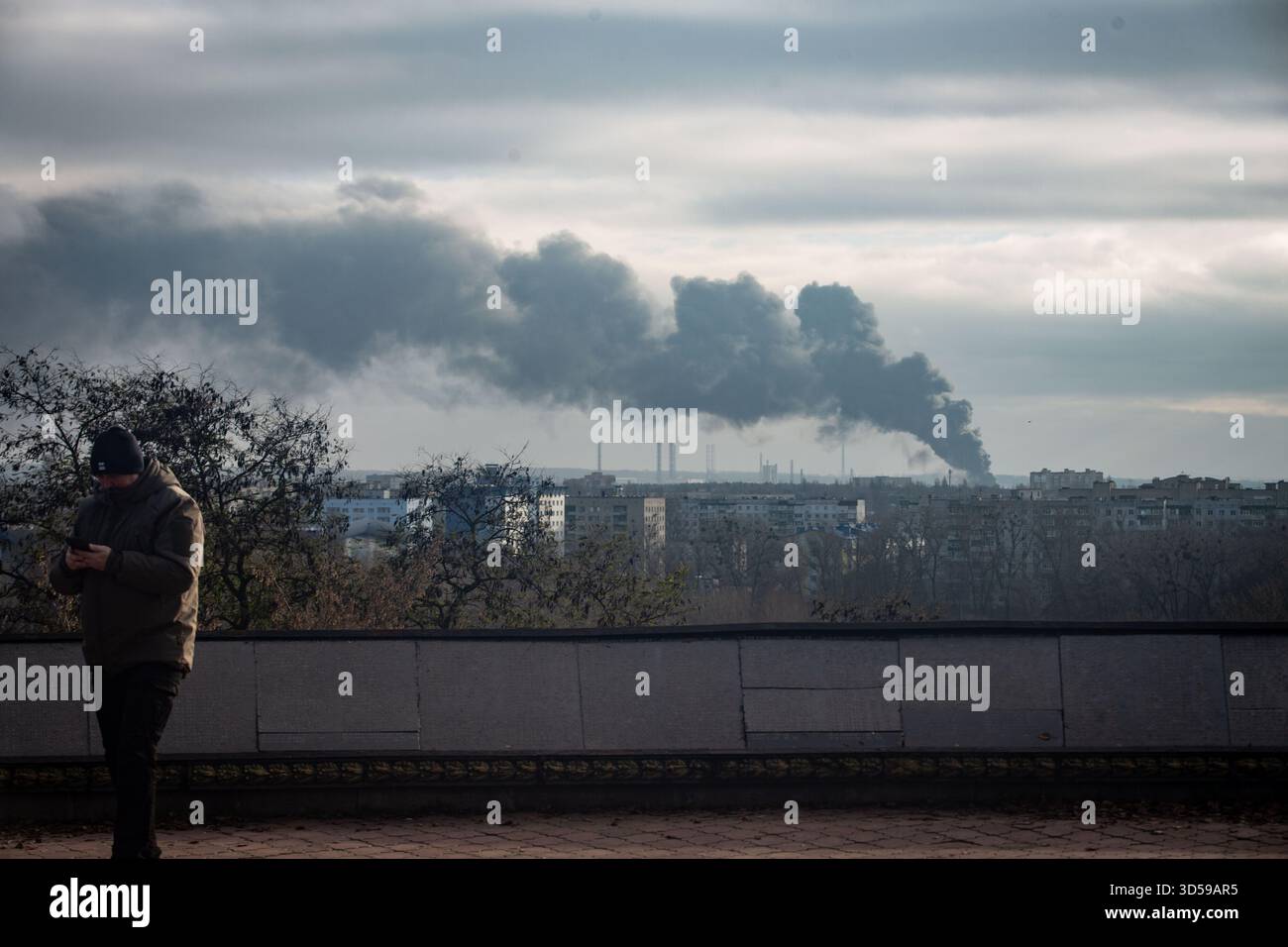 November 14, 2025, Sumy, Sumy, Ukraine: A large column of smoke rises ...