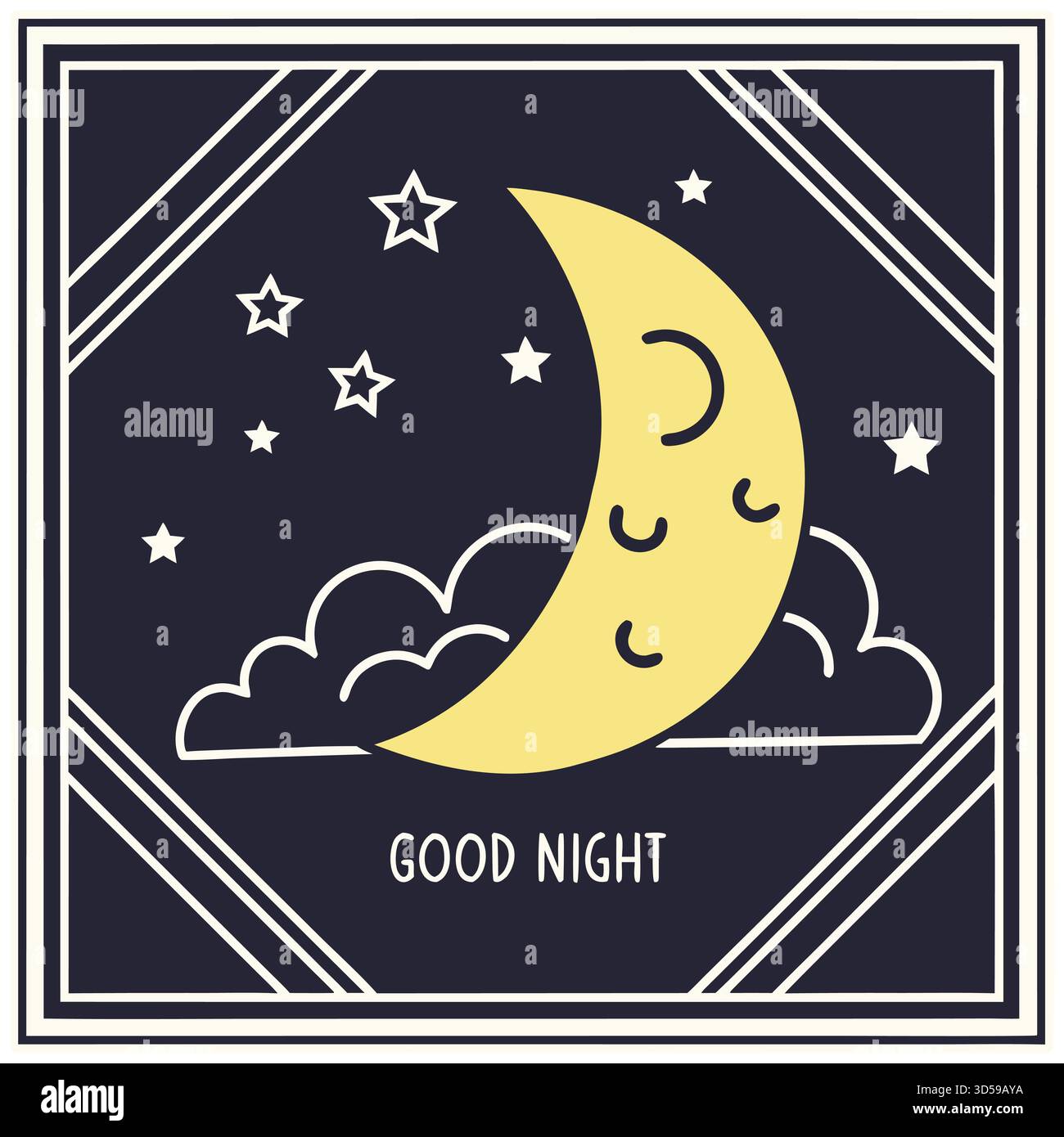 “Good Night” greeting vector featuring a crescent moon, stars and cloud ...