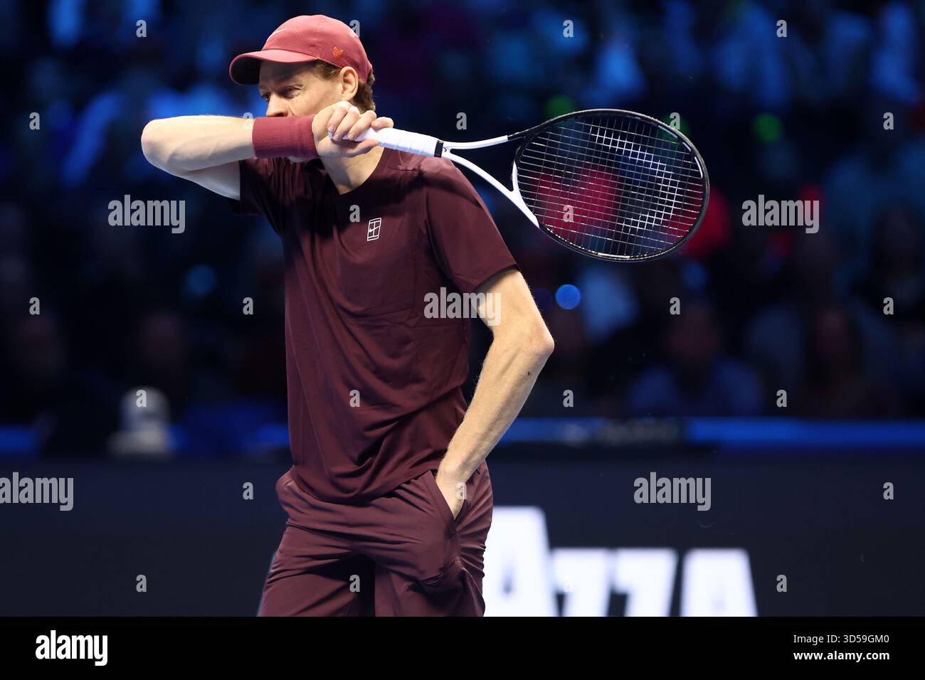 Jannik Sinner of Italy looks dejected during the Round Robin singles ...