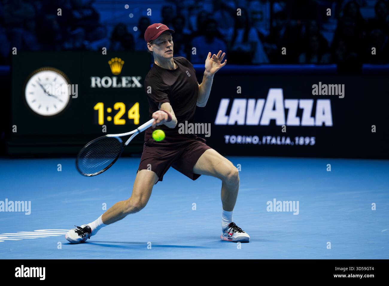 Jannik Sinner plays a forehand during his round robin singles match ...