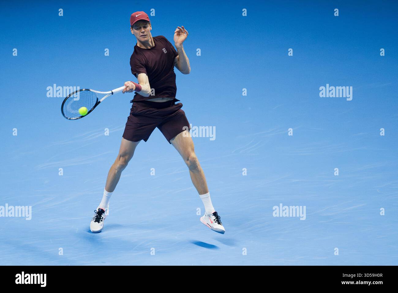 Jannik Sinner plays a forehand during his round robin singles match ...