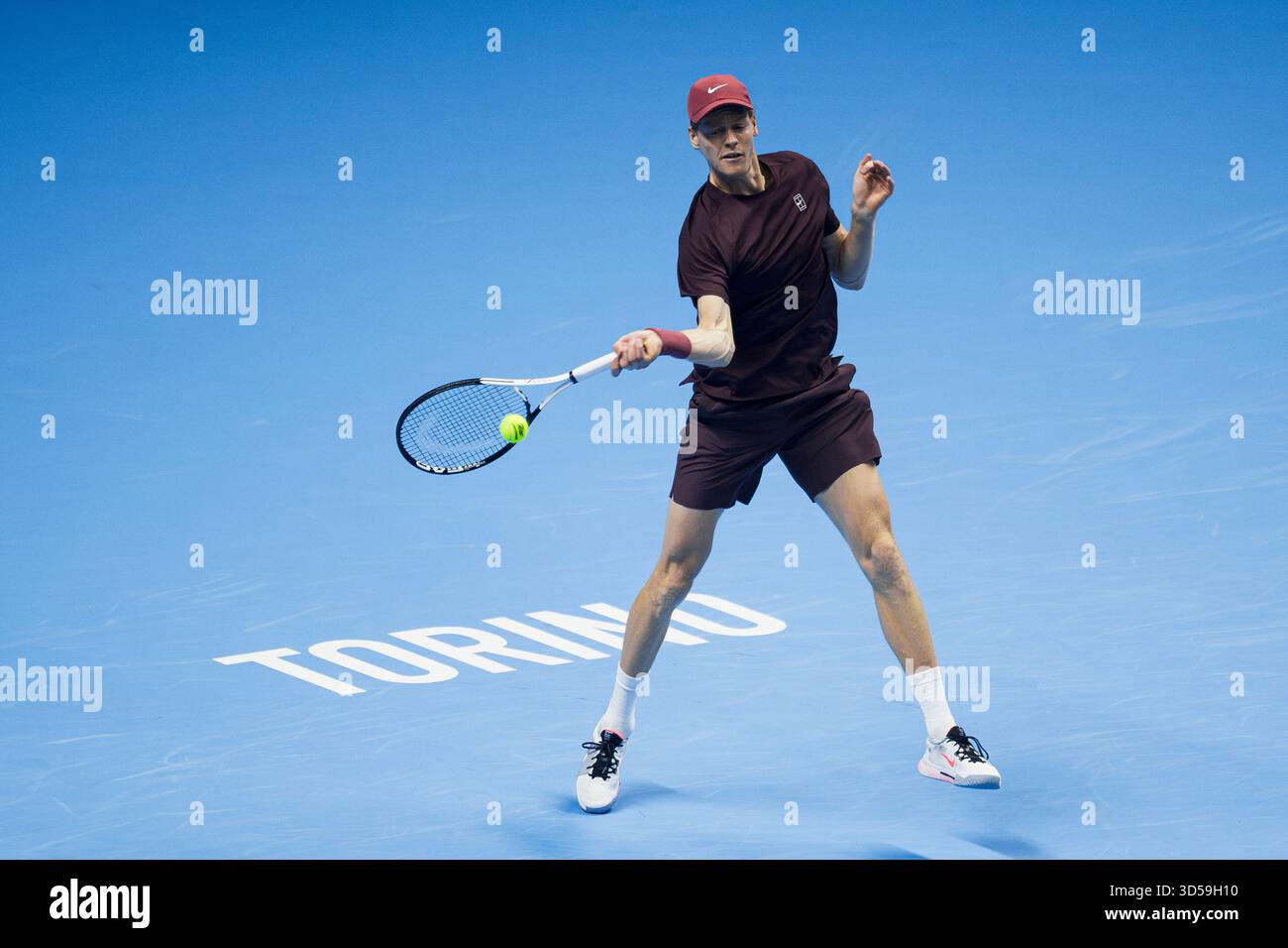 Jannik Sinner plays a forehand during his round robin singles match ...
