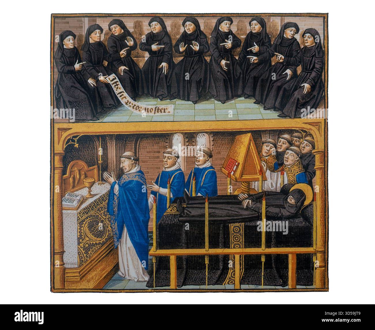 15th century medieval illustration showing removal of the body of Saint ...