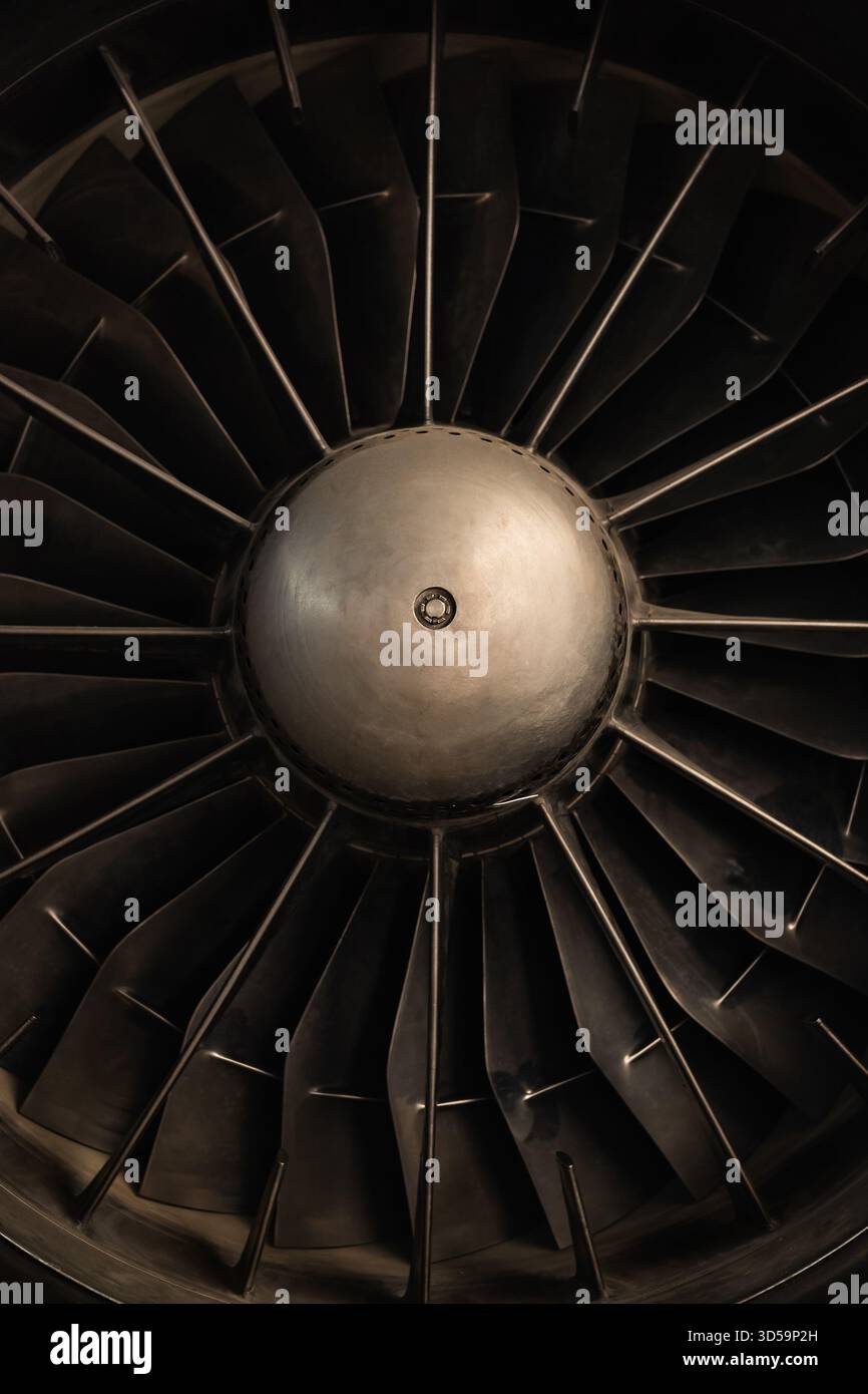 Airplane engine close-up. Front view of turbofan engine. Old jet engine ...
