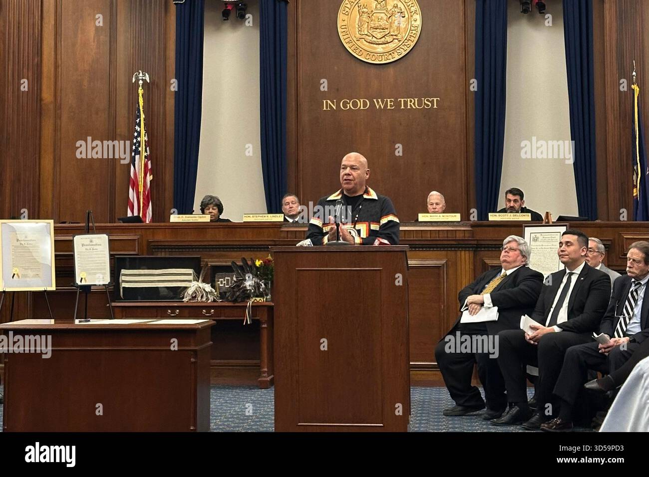 Seneca Nation of Indians President J. Conrad Seneca speaks inside a ...