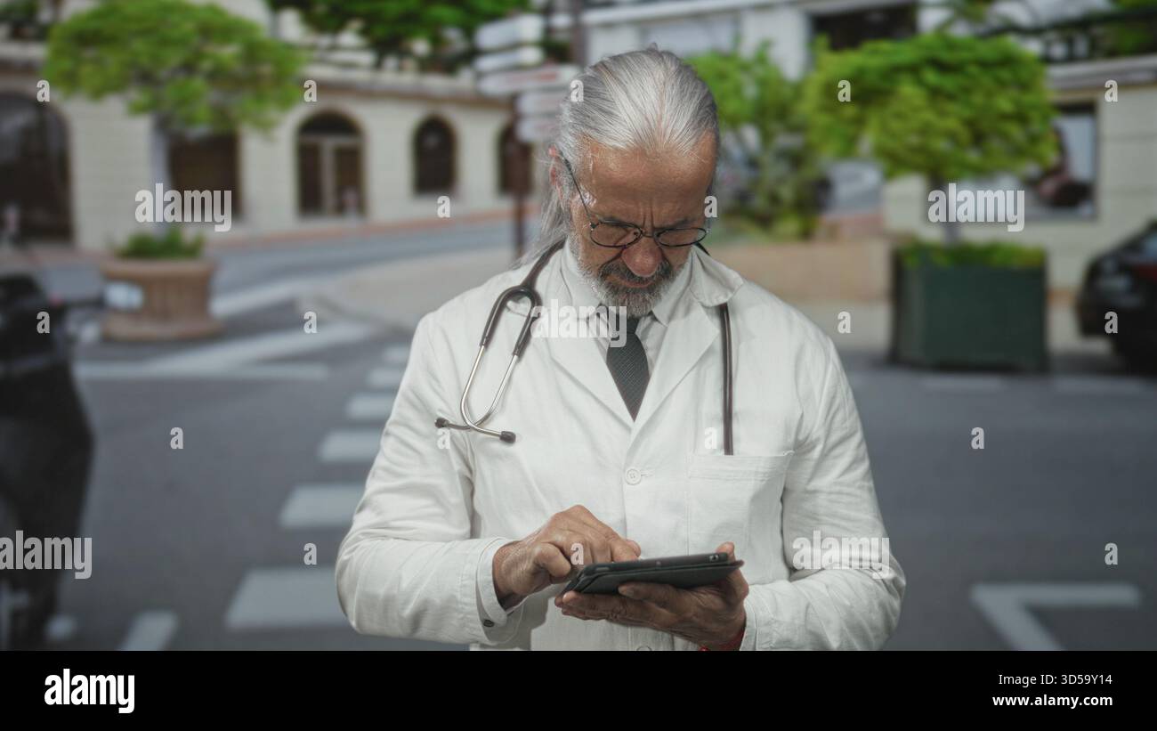 Doctor tapping tablet on city street crosswalk, stethoscope around neck ...
