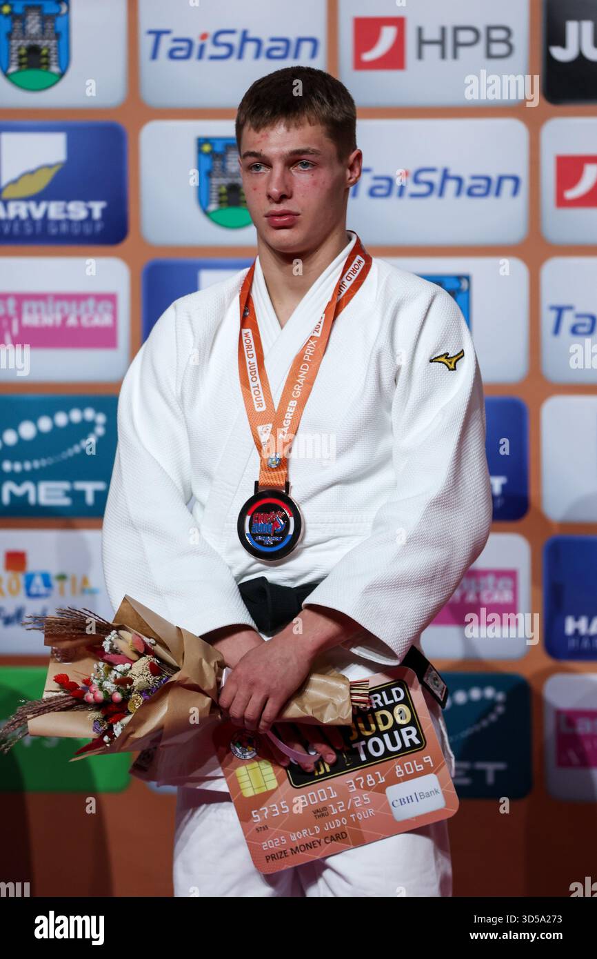 Bronze medalist Boyan Yotov of Bulgaria pose for a photo during the medal ceremony of men's ...