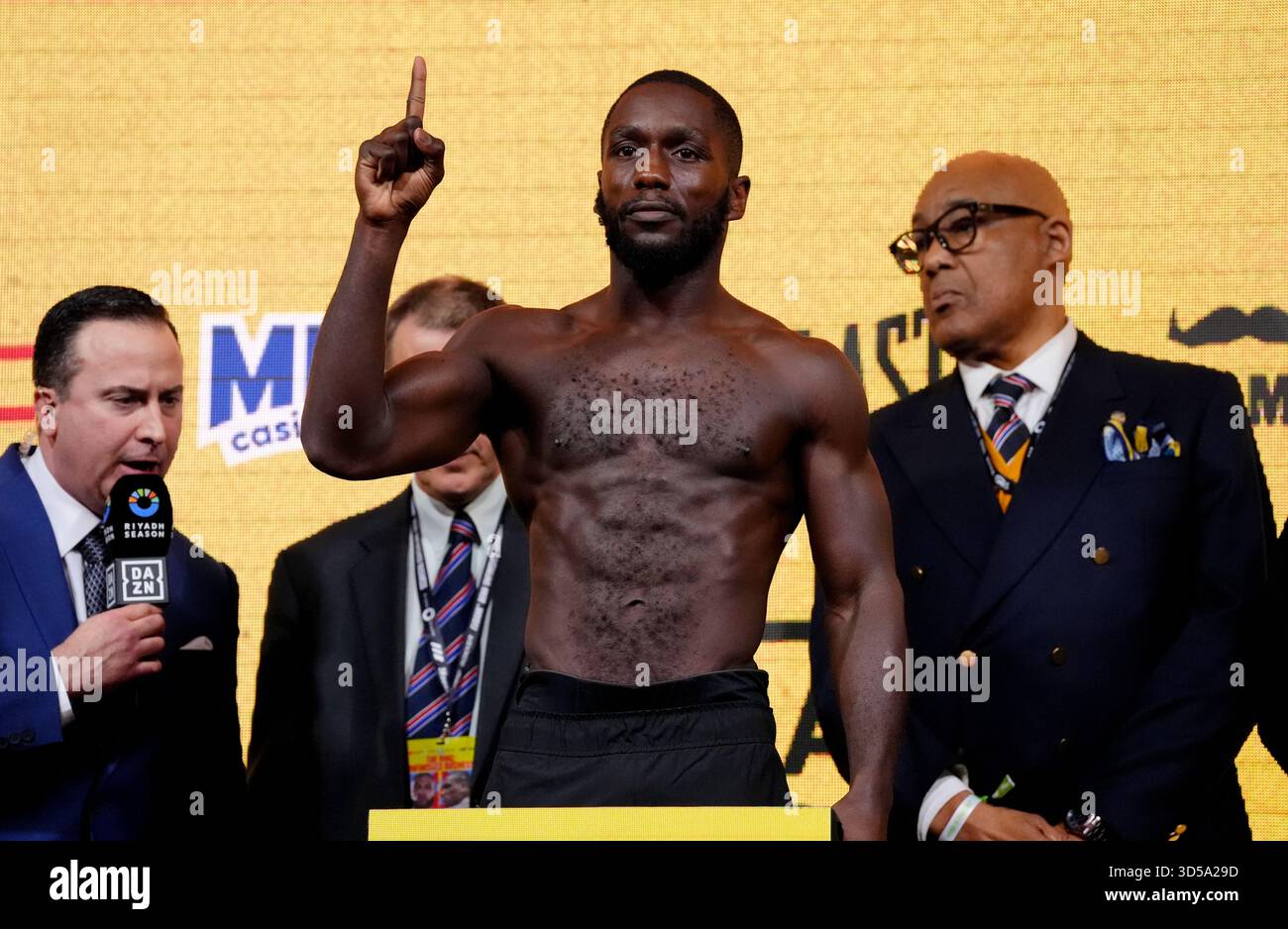 Ekow Essuman during the weigh-in at York Hall, London. Chris Eubank Jr ...