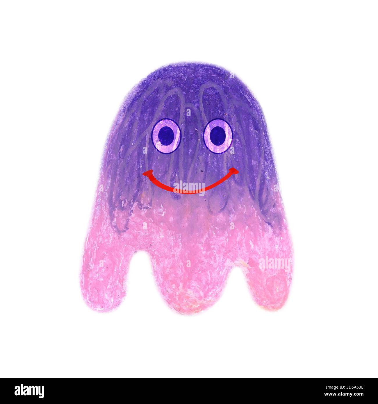 Violet pink fuzzy creature cute and smiling. Oil pastel drawn ...