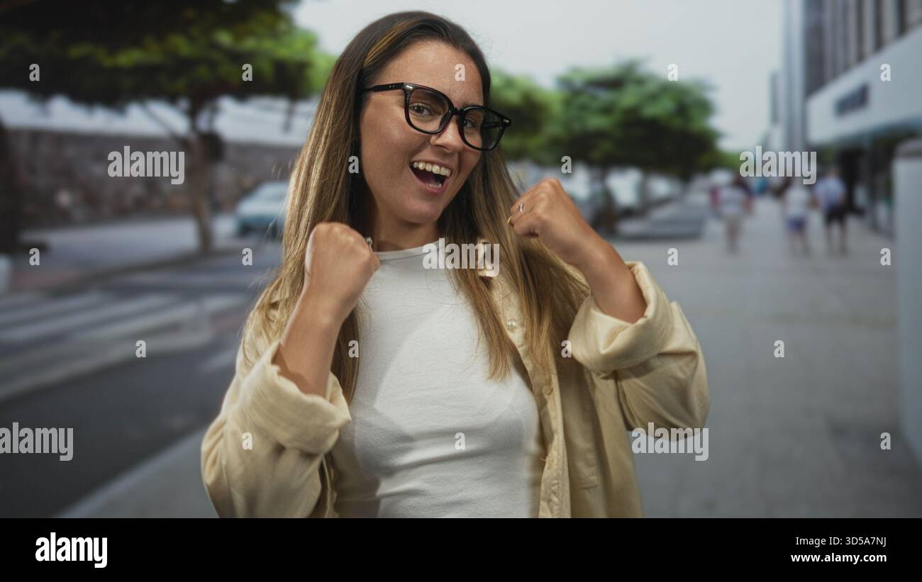 Woman pumps clenched fists and smiles on a city street with buildings ...