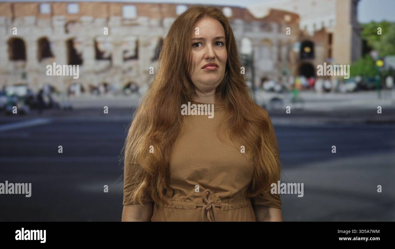 Woman with red hair in brown dress grimaces under soft sunlight in ...