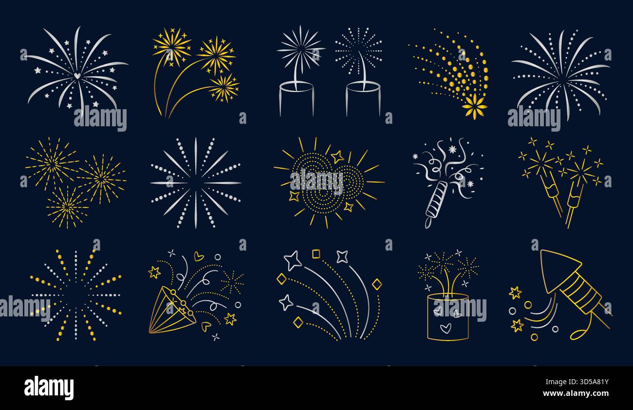 Gold and silver fireworks icon set. Sparklers and firecrackers gradient ...