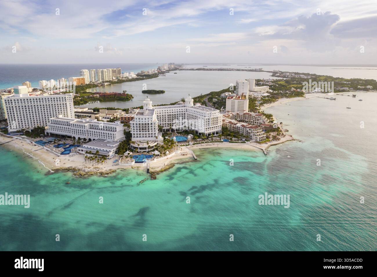 Aerial panoramic view of Cancun city hotel zone in Mexico. Caribbean ...