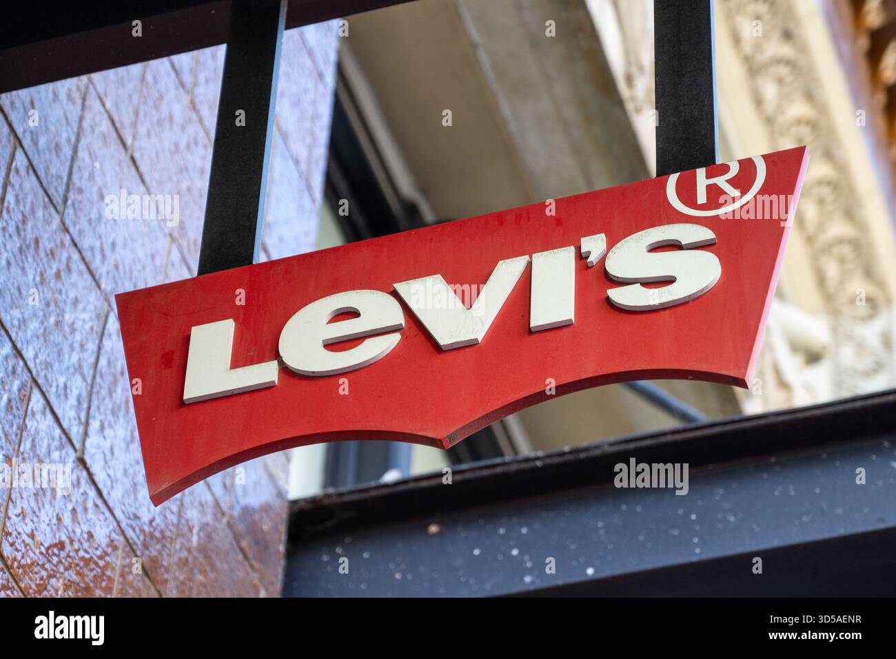 Hanging Levi's logo sign outside retail store, San Francisco ...