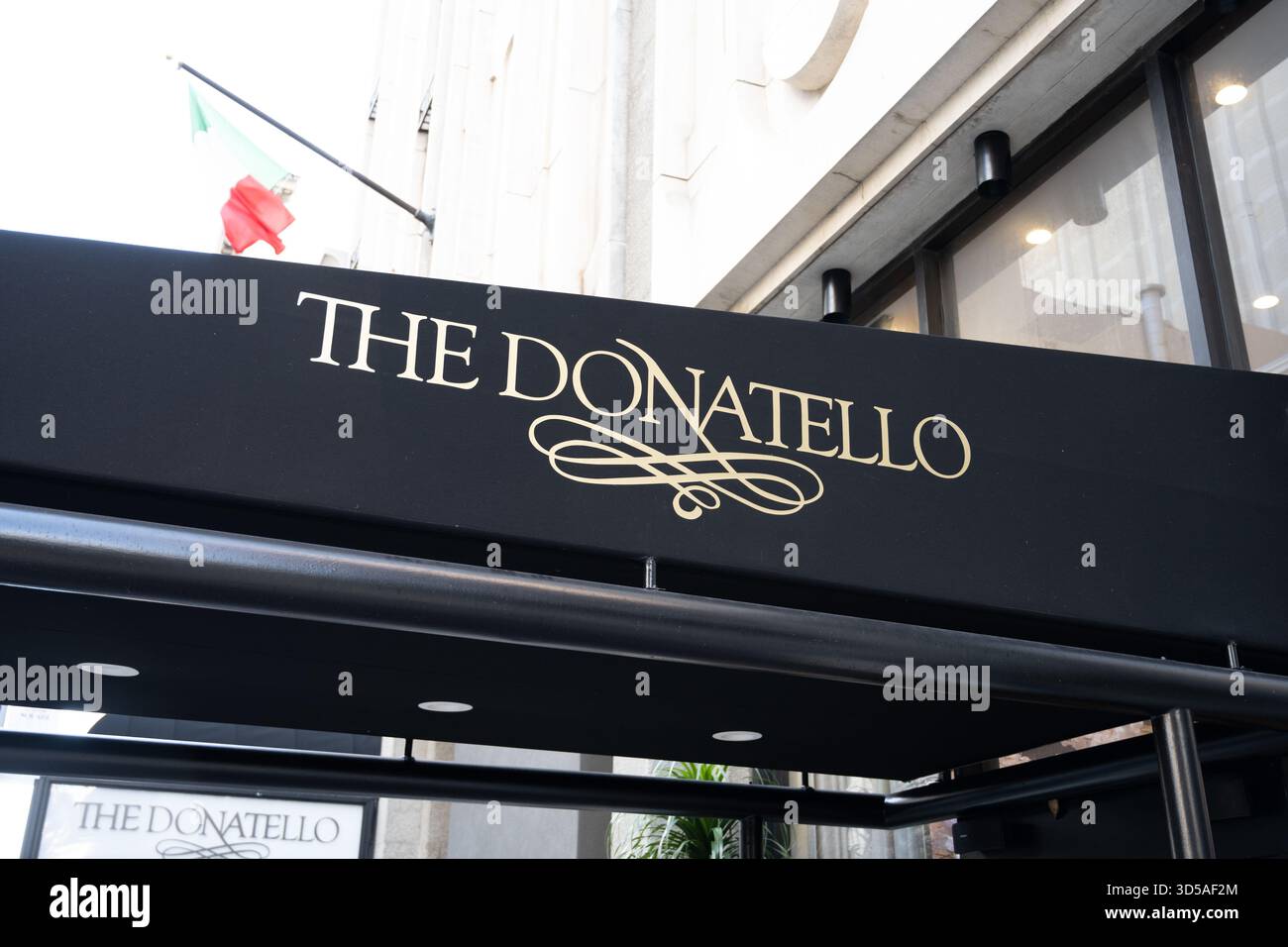 Entrance canopy featuring The Donatello logo at hotel entrance, San ...