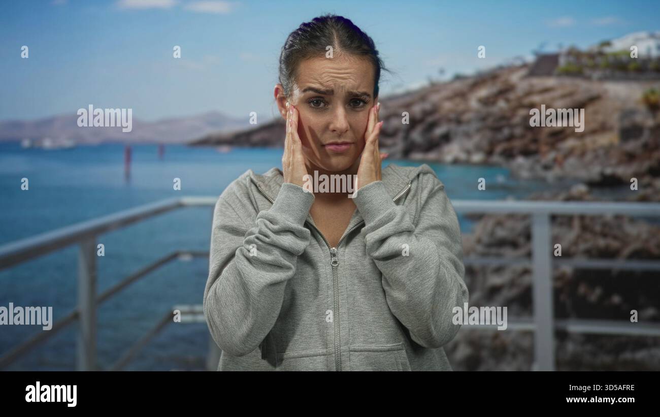 Young woman with hands on cheeks showing toothache by a seaside railing ...