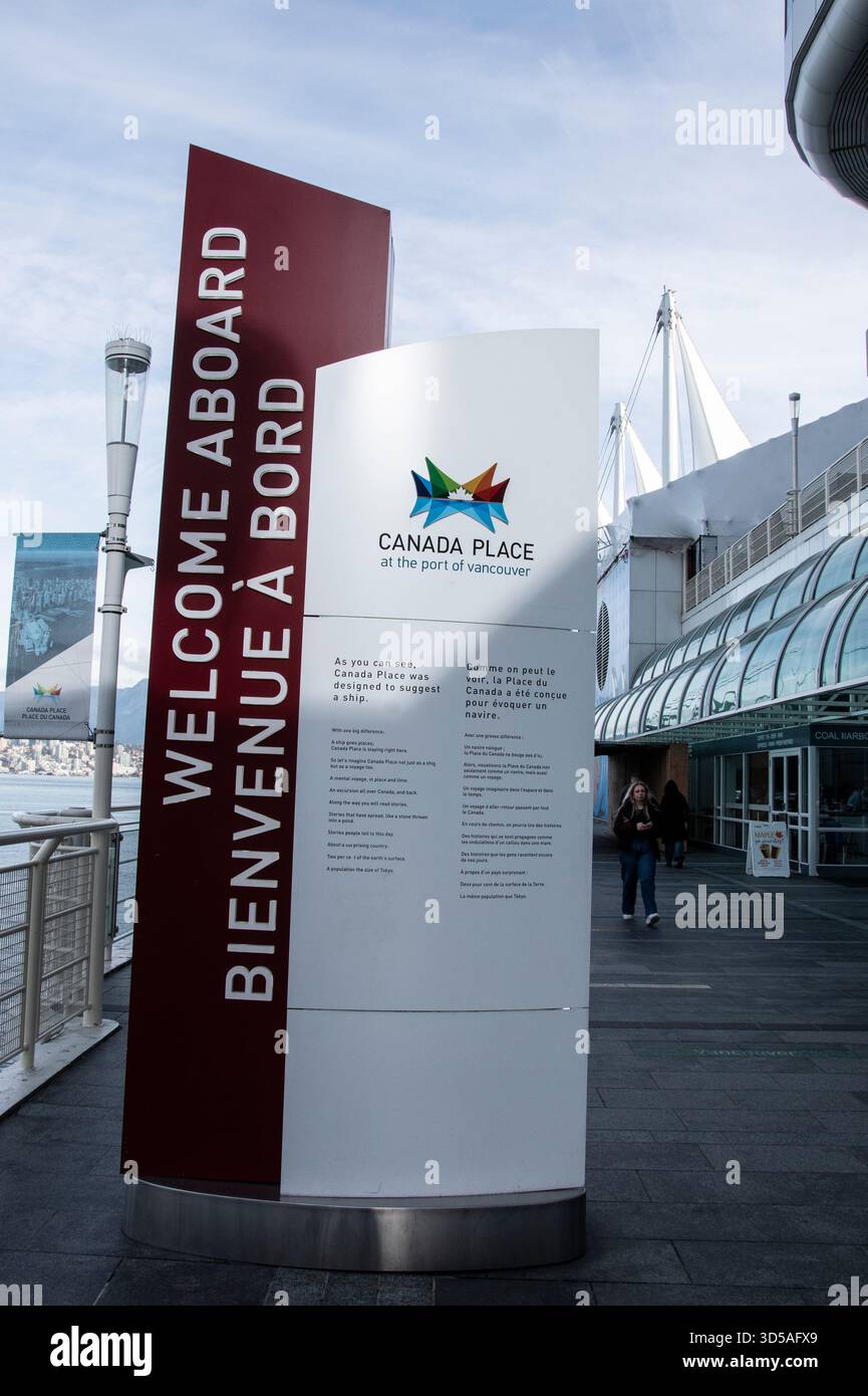 Welcome aboard sign at Canada Place in downtown Vancouver, British ...