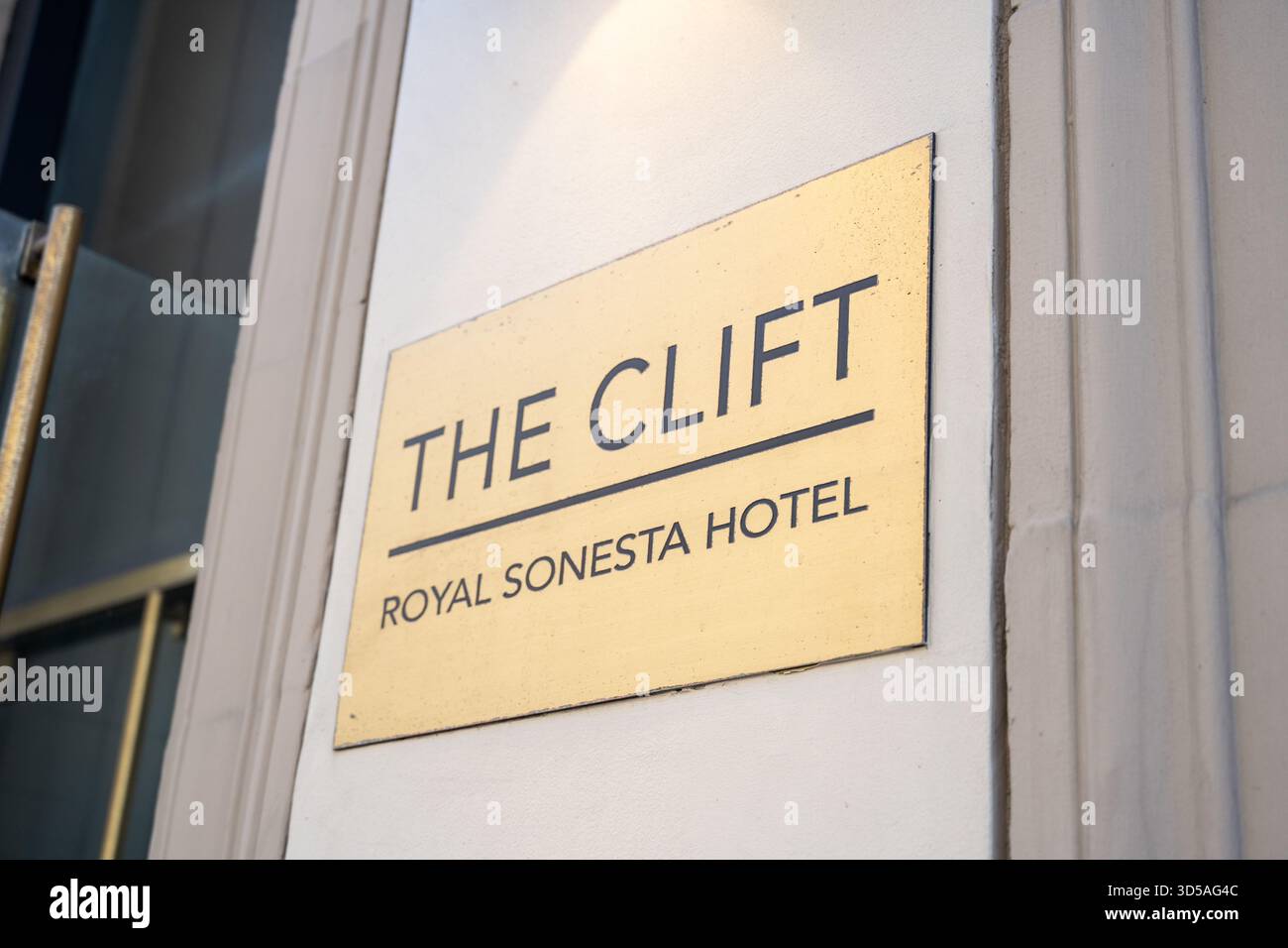 Close-up of brass sign reading The Clift Royal Sonesta Hotel on ...