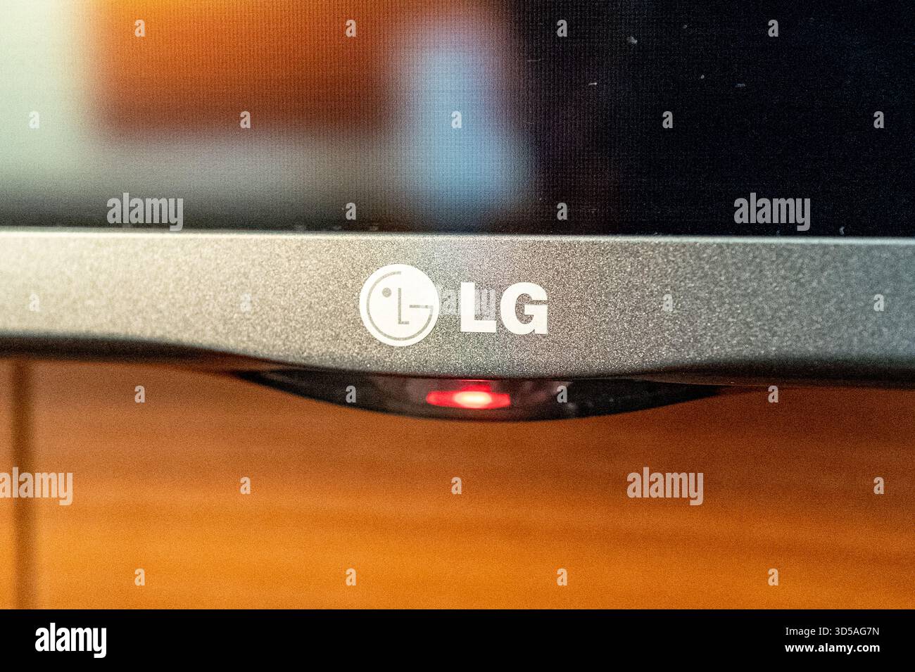 Close-up of logo for LG on a flat screen television, Atlanta, Georgia ...