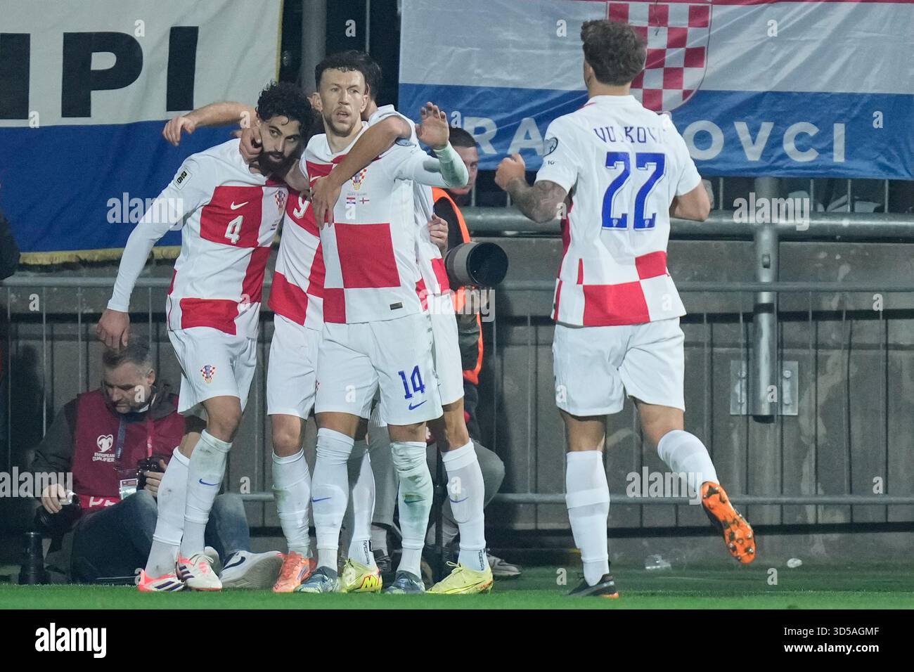 Croatia players celebrate after a goal during a World Cup 2026 group L qualifying soccer match ...