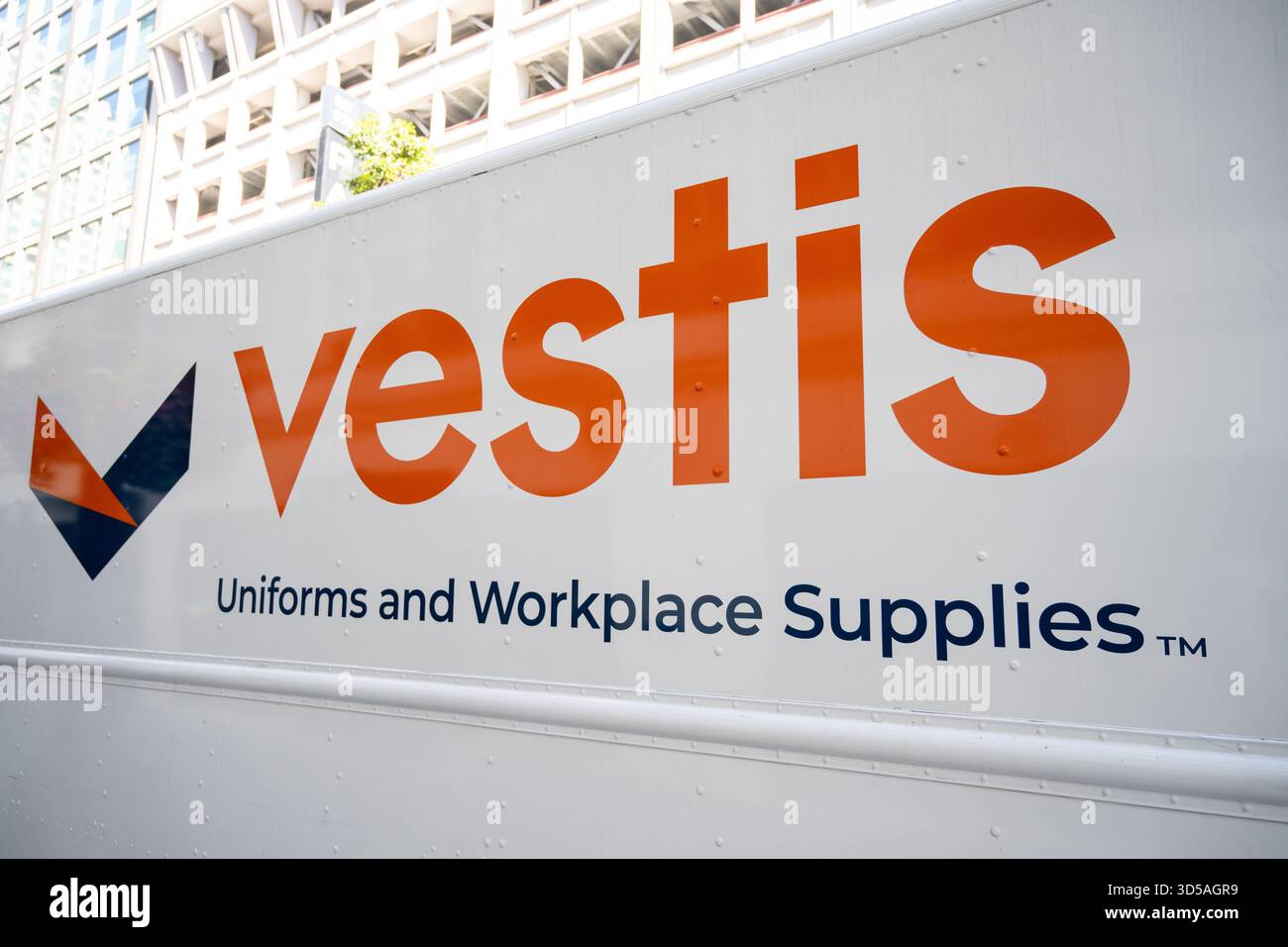 Close-up of Vestis branded service truck advertising uniforms and ...