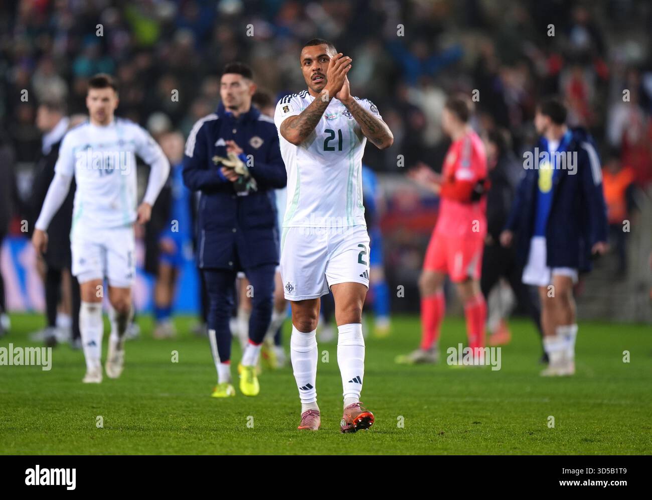 Northern Ireland's Josh Magennis applauds the fans following the 2026 ...