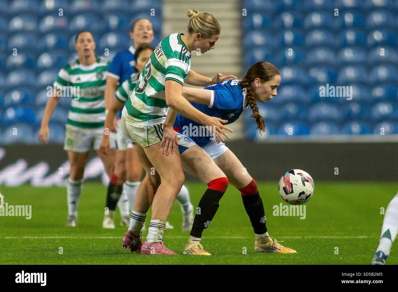 Govan, Scotland. 14 November 2025. May Cruft of Rangers FC shields the ...