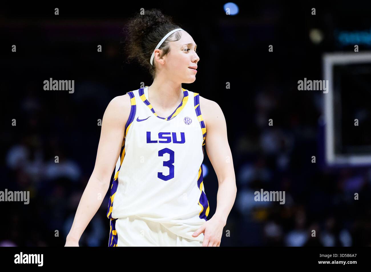 LSU guard Bella Hines (3) reacts in the first half of a NCAA college ...