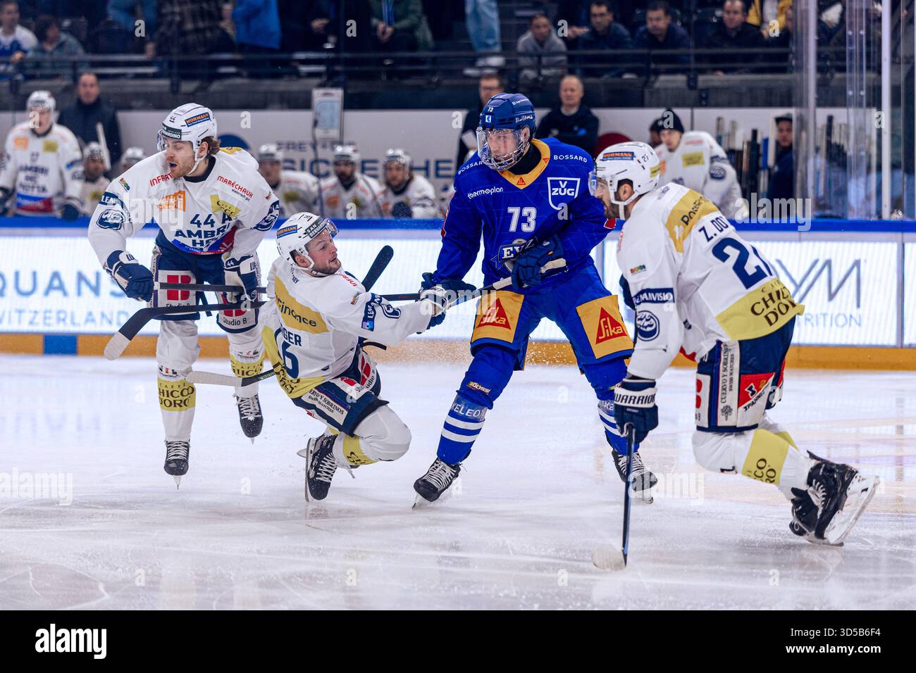 Dominic Zwerger #16 (HC Ambri-Piotta) is pushed aside by Mike Kunzle #73 (EV Zug) - November 14 ...