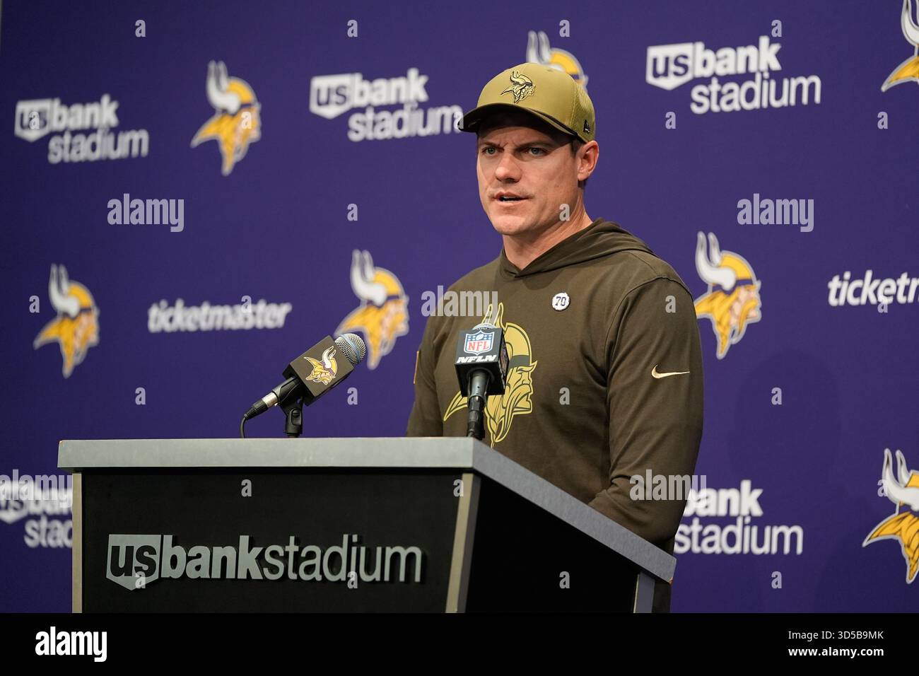 Minnesota Vikings head coach Kevin O'Connell talks to reporters after ...