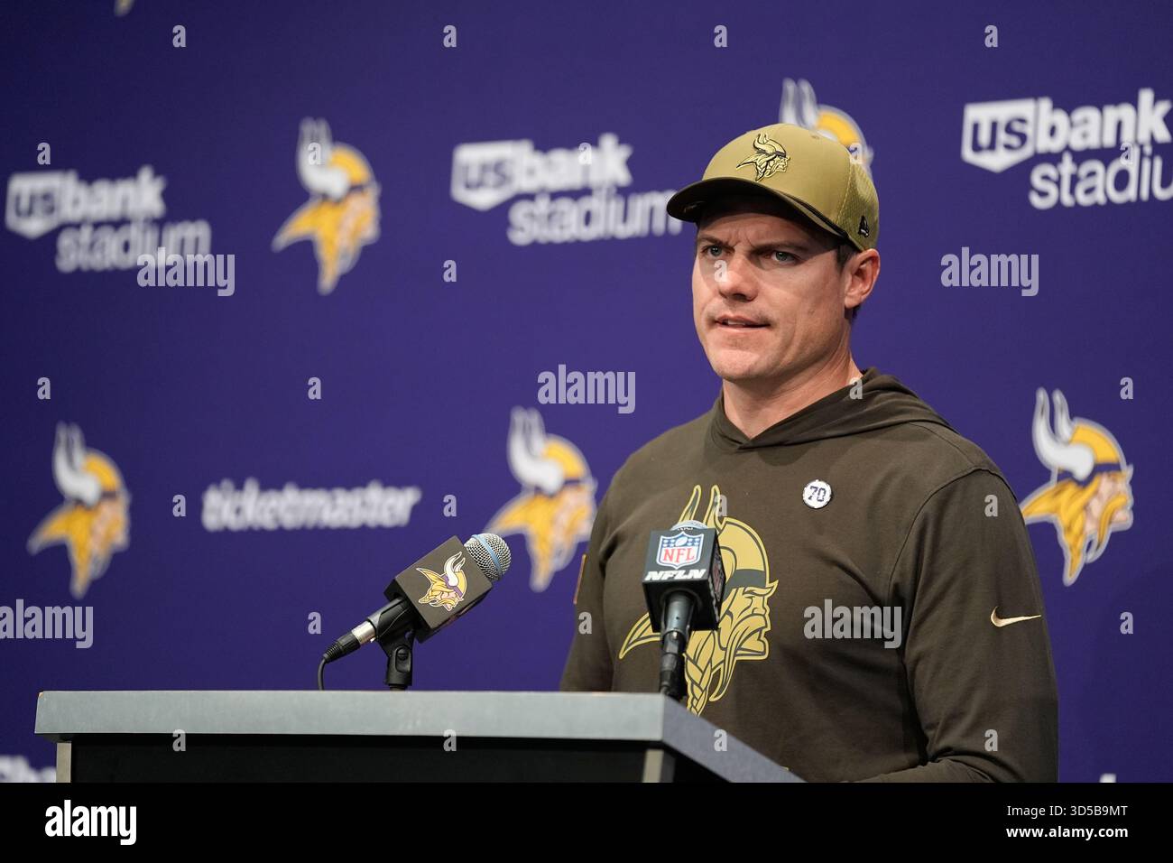 Minnesota Vikings head coach Kevin O'Connell talks to reporters after ...