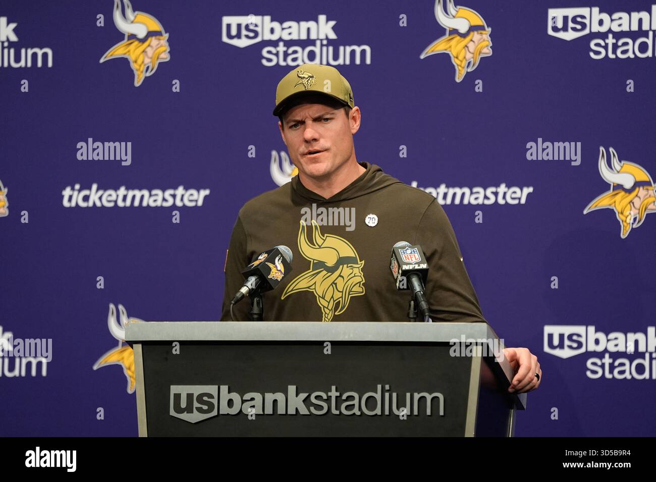 Minnesota Vikings head coach Kevin O'Connell talks to reporters after ...