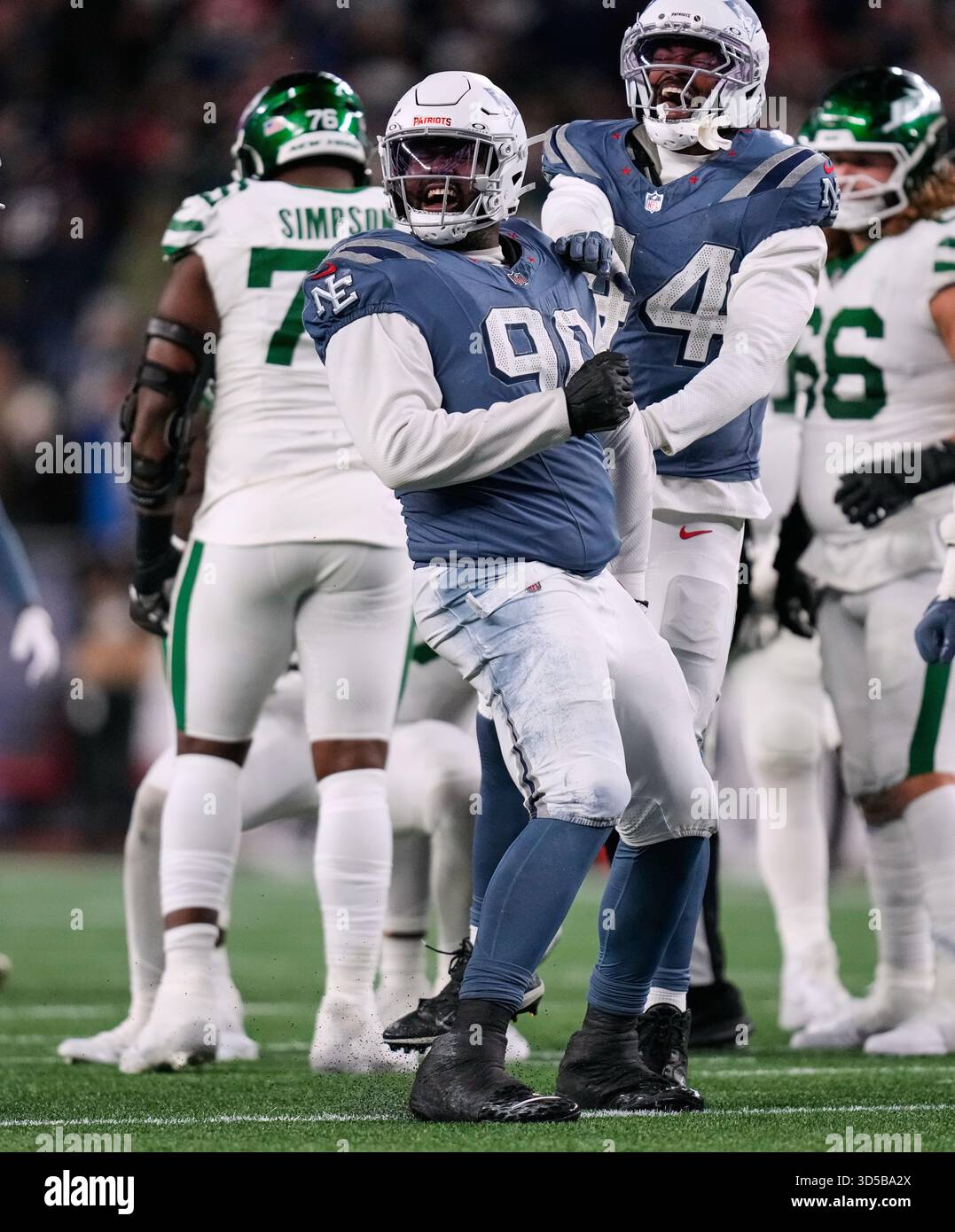 New England Patriots defensive tackle Christian Barmore (90) celebrates ...